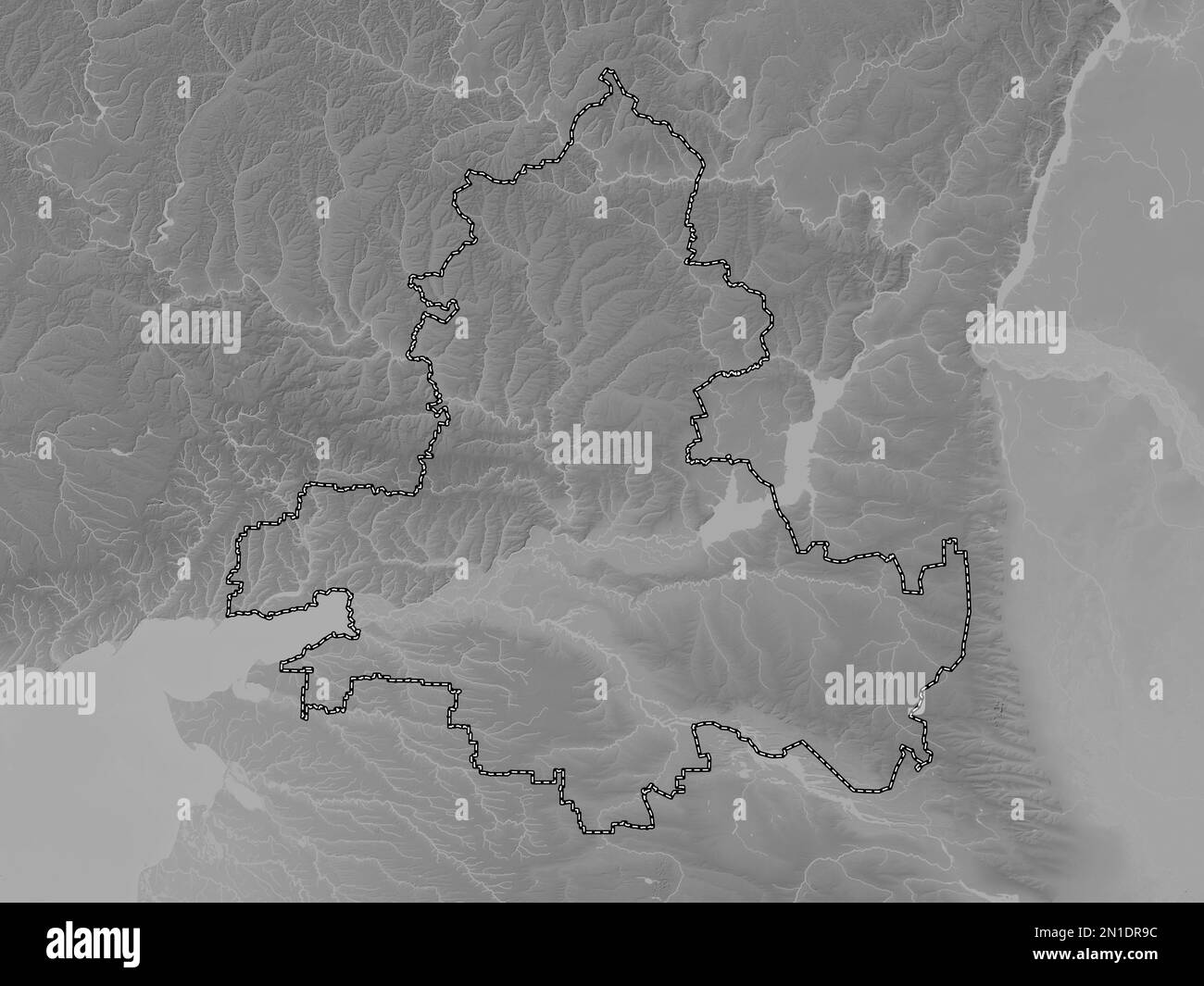 Rostov, region of Russia. Grayscale elevation map with lakes and rivers ...
