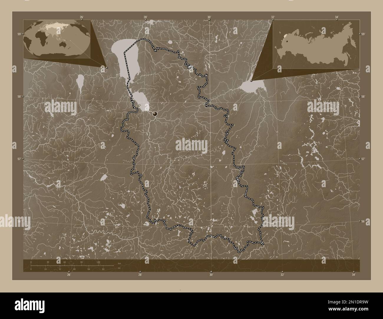 Pskov, region of Russia. Elevation map colored in sepia tones with ...