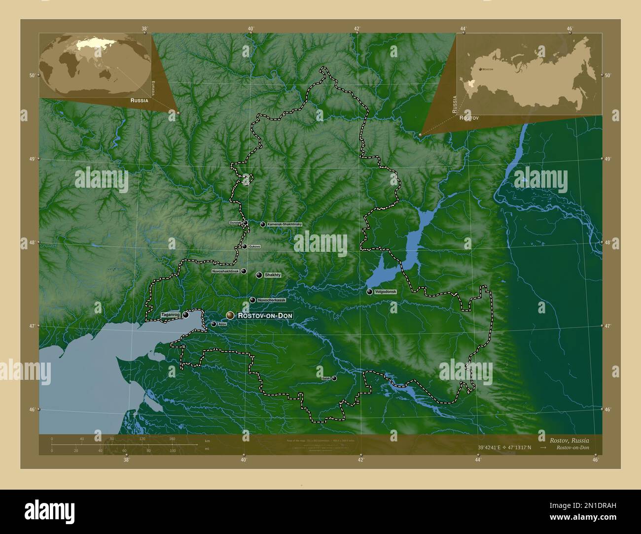 Rostov, region of Russia. Colored elevation map with lakes and rivers ...