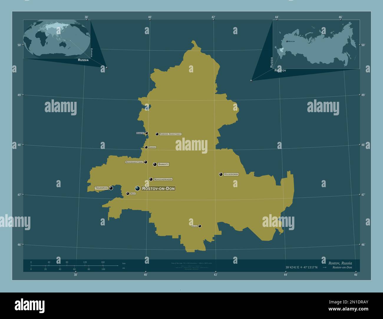 Rostov, region of Russia. Solid color shape. Locations and names of ...