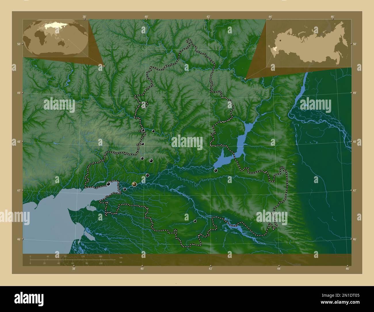 Rostov, region of Russia. Colored elevation map with lakes and rivers ...