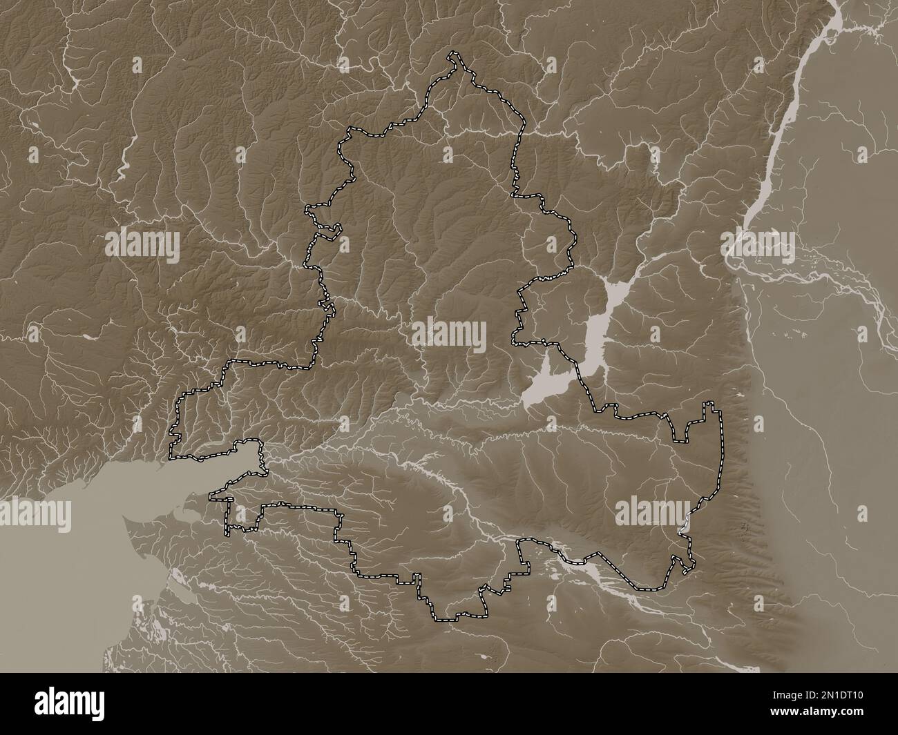 Rostov, region of Russia. Elevation map colored in sepia tones with ...