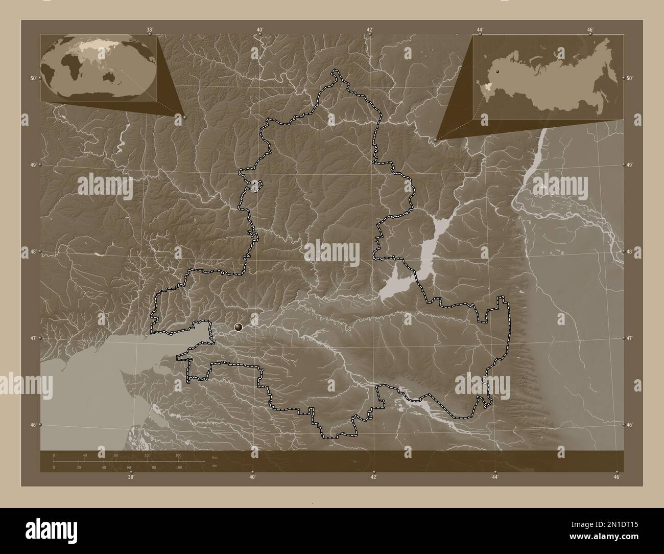 Rostov, region of Russia. Elevation map colored in sepia tones with ...