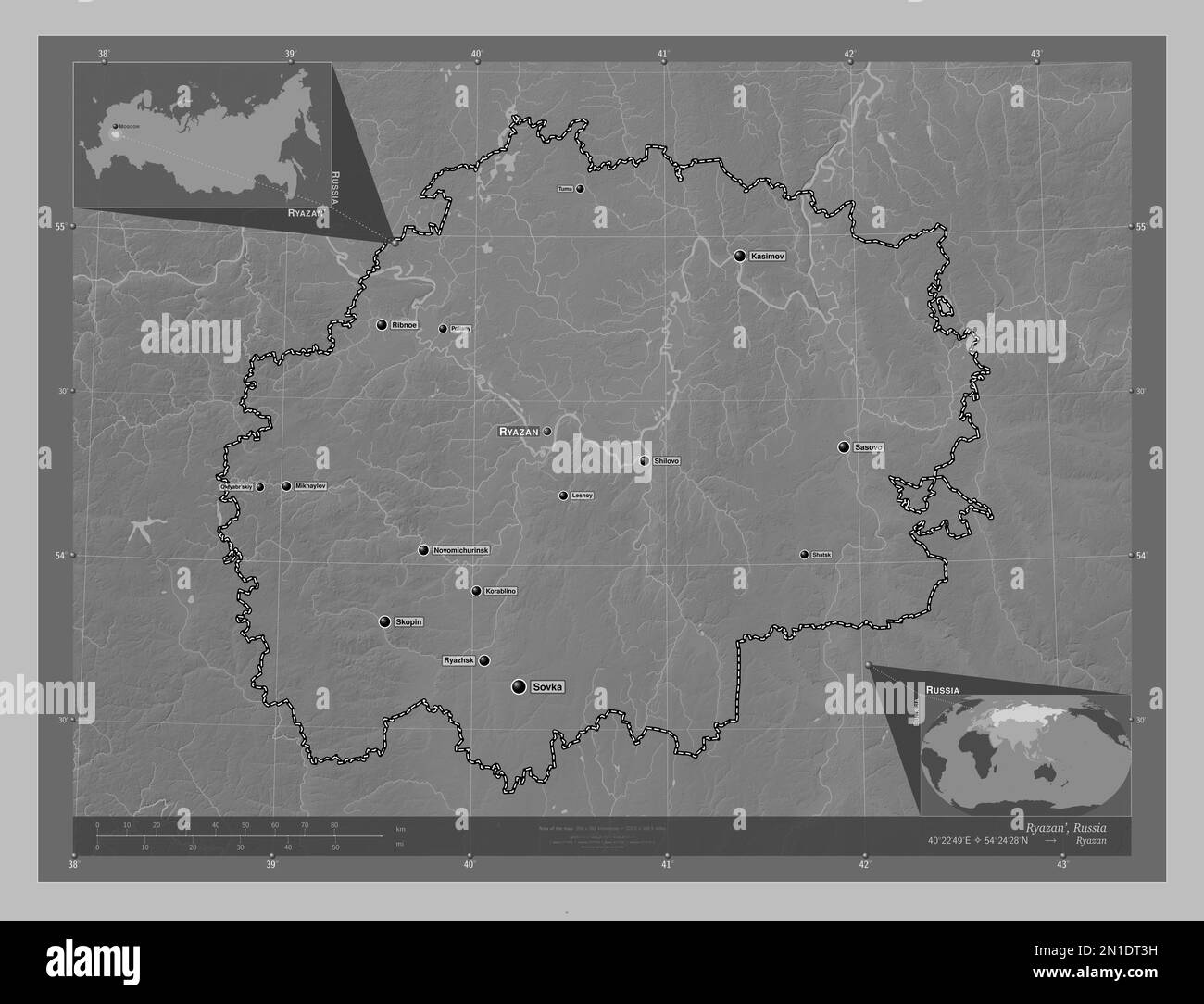 Ryazan', region of Russia. Grayscale elevation map with lakes and ...