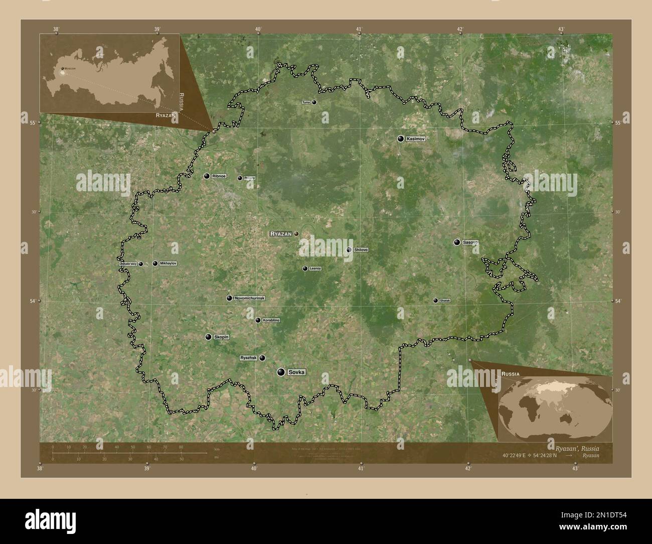 Ryazan', region of Russia. Low resolution satellite map. Locations and ...