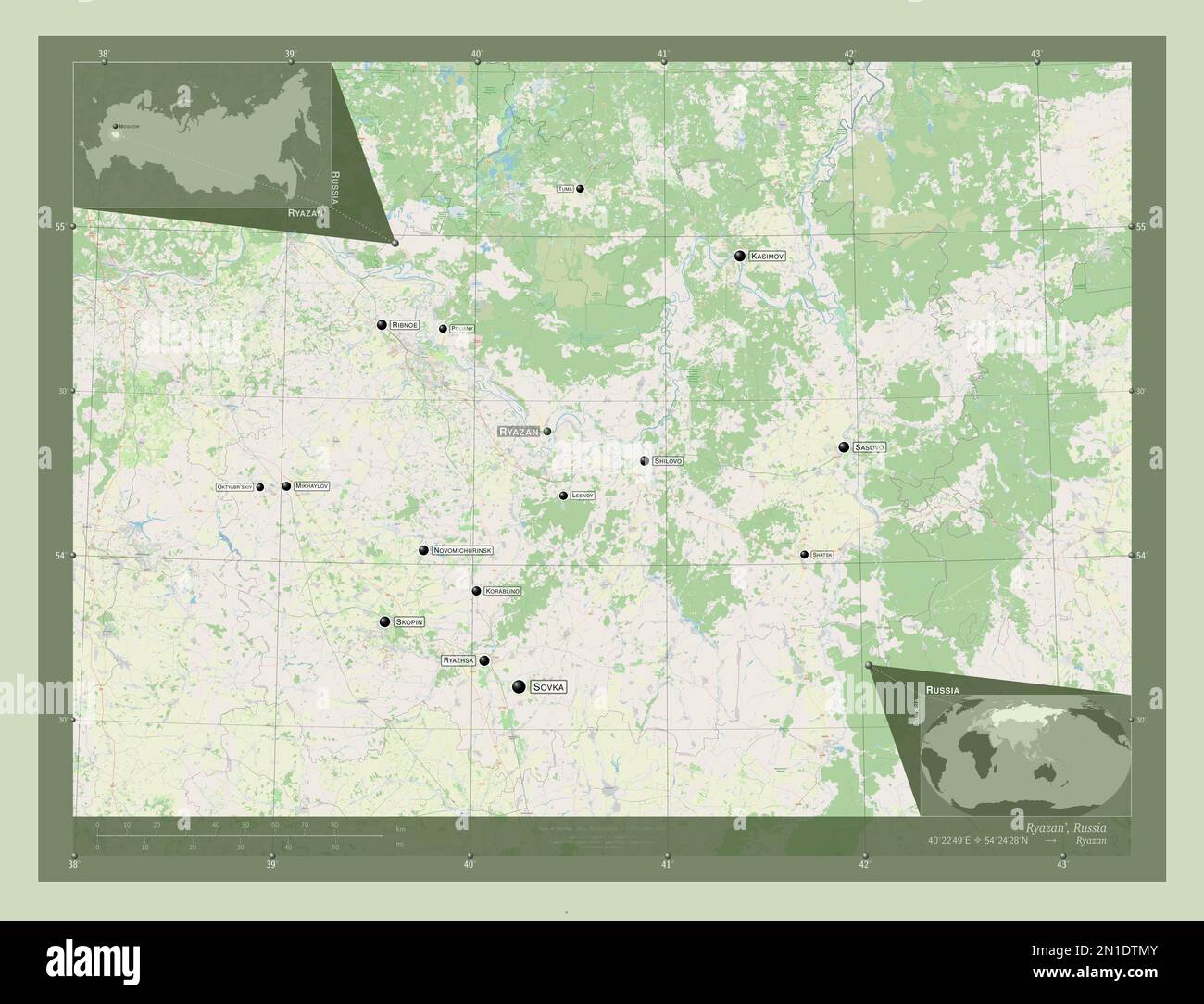 Ryazan', region of Russia. Open Street Map. Locations and names of ...