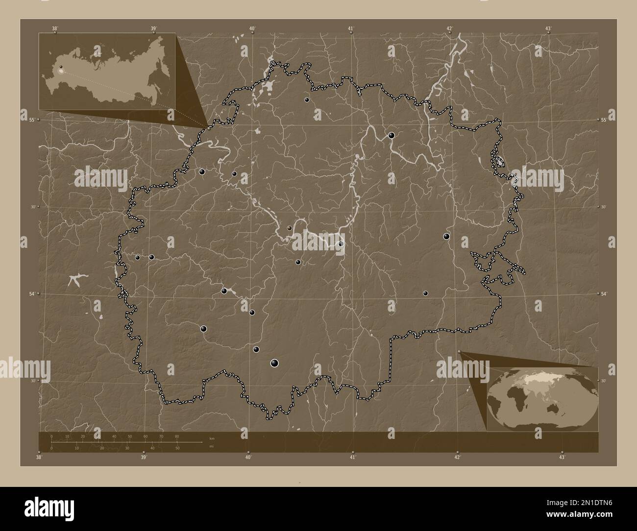 Ryazan', region of Russia. Elevation map colored in sepia tones with ...
