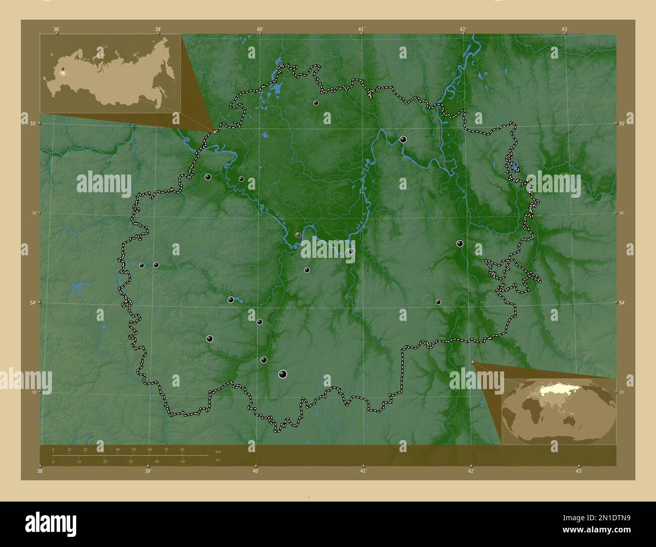 Ryazan', region of Russia. Colored elevation map with lakes and rivers ...