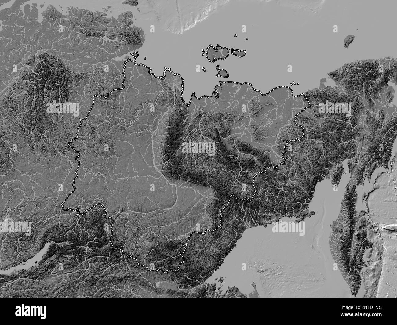 Sakha, republic of Russia. Bilevel elevation map with lakes and rivers ...