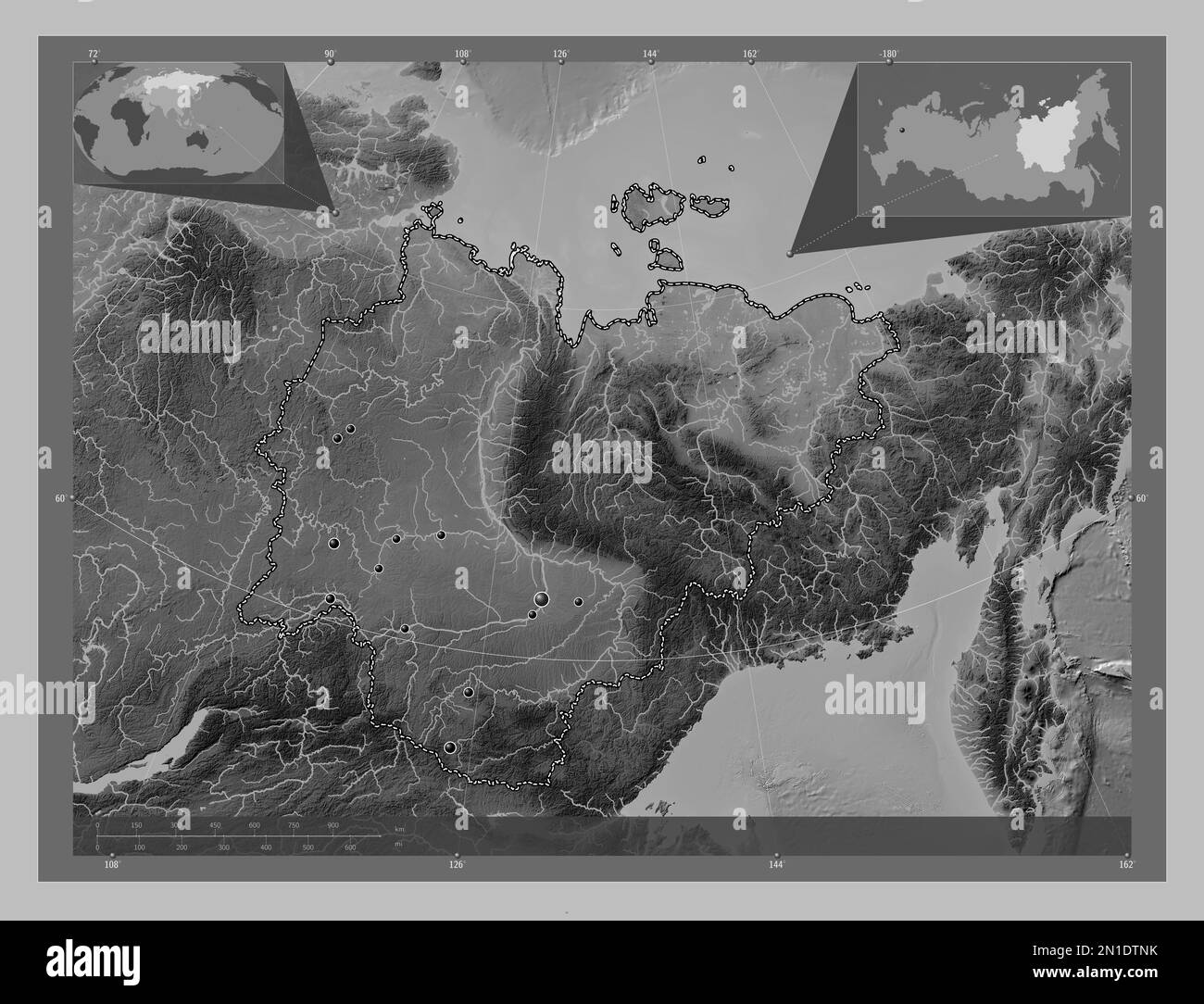 Sakha, republic of Russia. Grayscale elevation map with lakes and ...