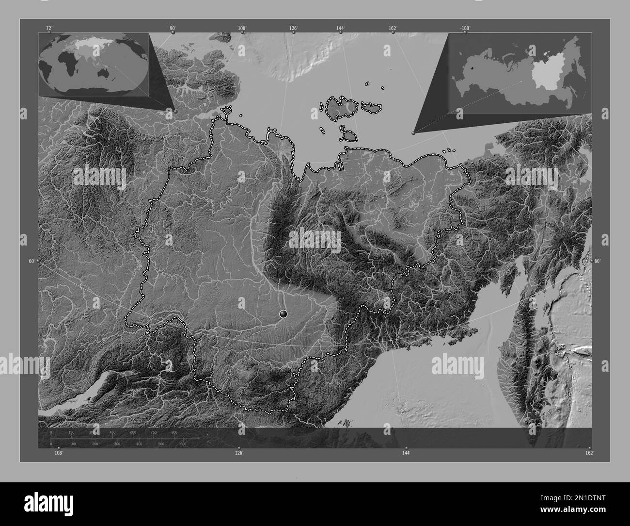 Sakha, republic of Russia. Bilevel elevation map with lakes and rivers ...