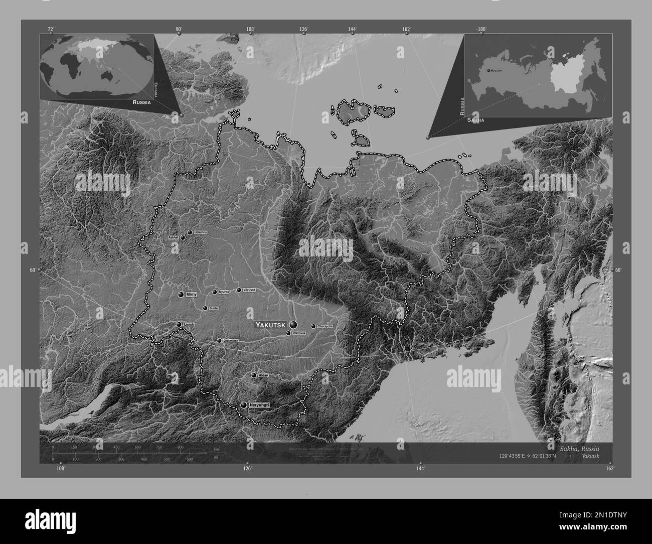 Sakha, republic of Russia. Bilevel elevation map with lakes and rivers ...
