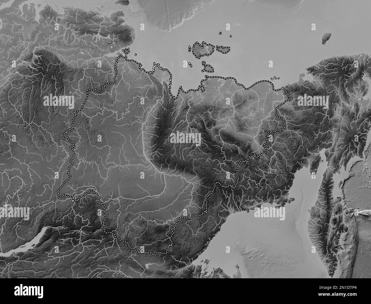 Sakha, republic of Russia. Grayscale elevation map with lakes and ...