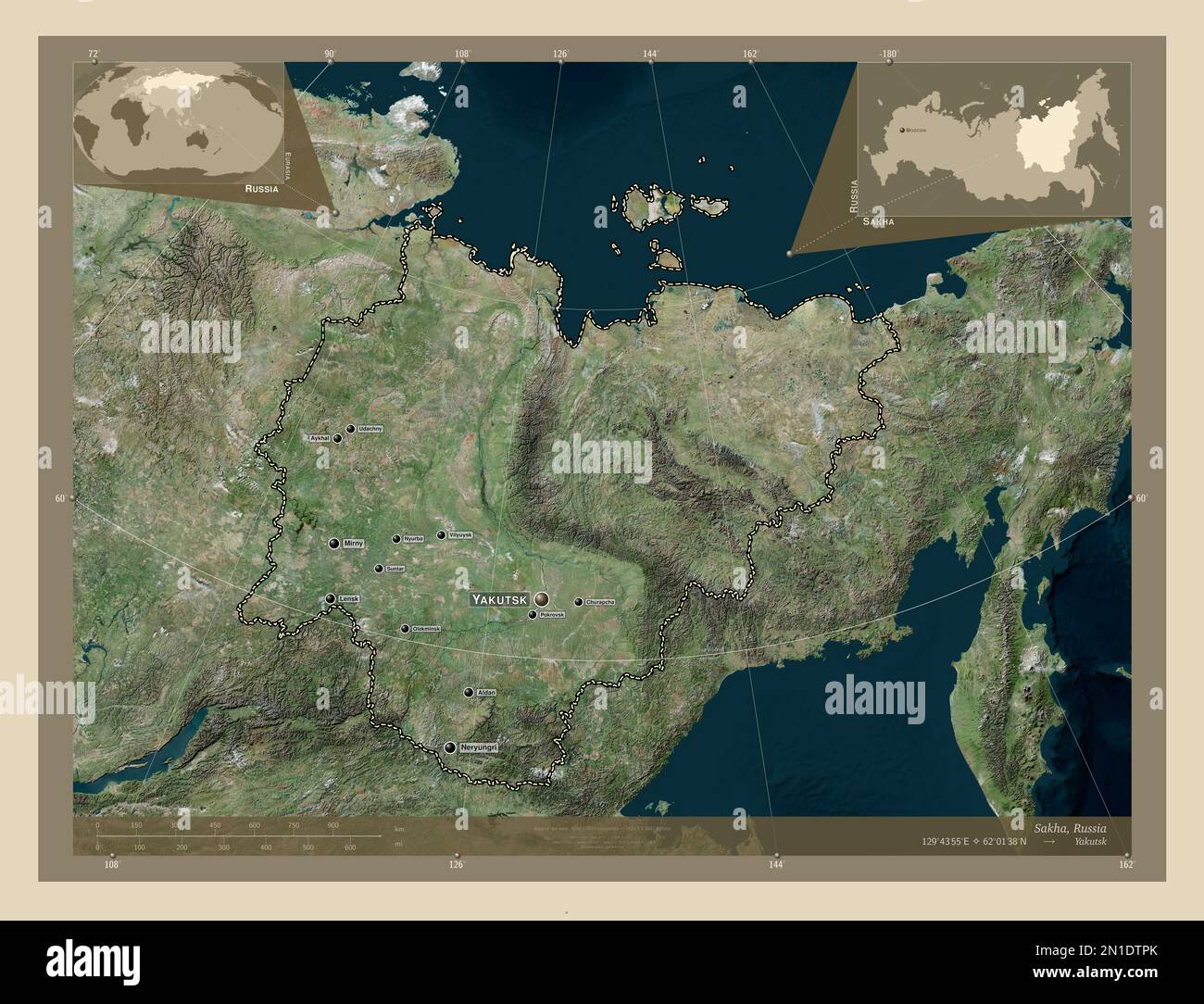 Sakha, republic of Russia. High resolution satellite map. Locations and ...