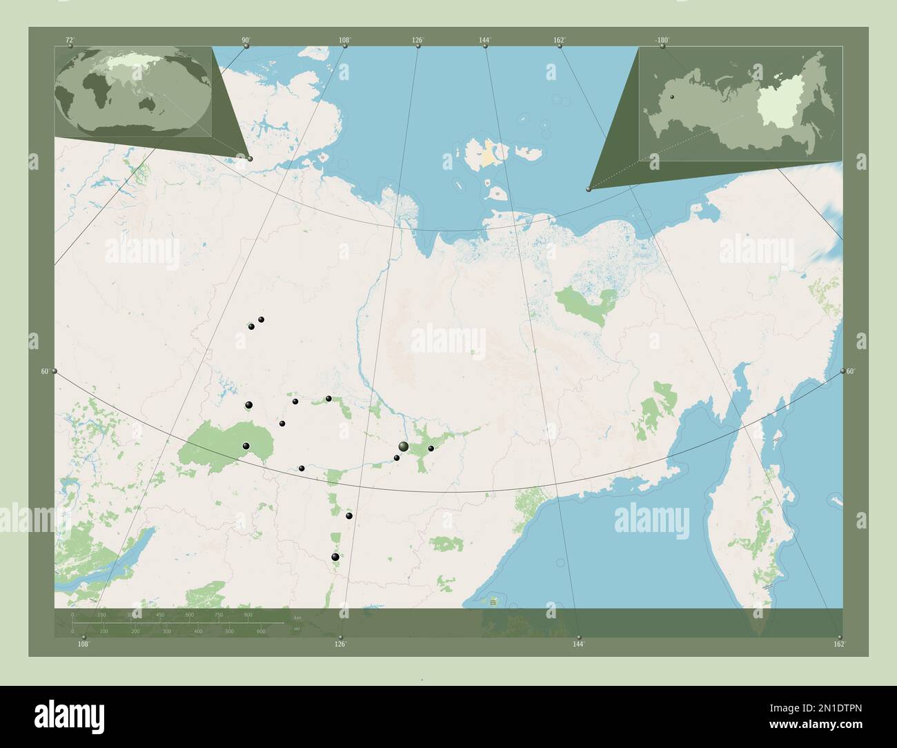 Sakha, republic of Russia. Open Street Map. Locations of major cities ...