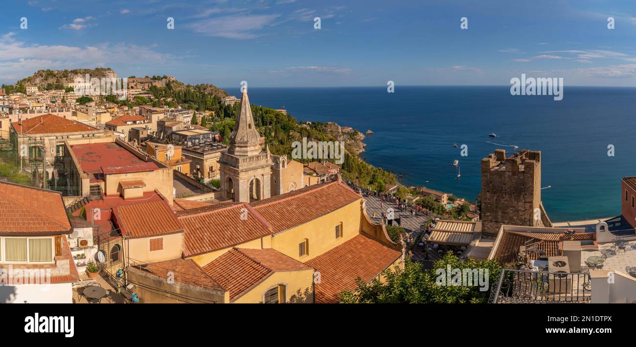 View of Chiesa di San Giuseppe overlooking the town and sea in Taormina ...