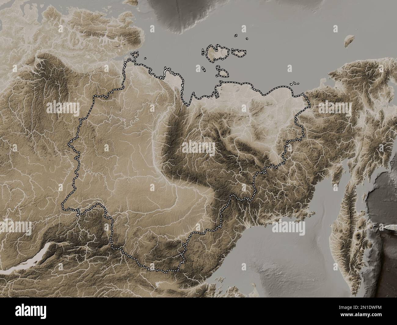 Sakha, republic of Russia. Elevation map colored in sepia tones with ...