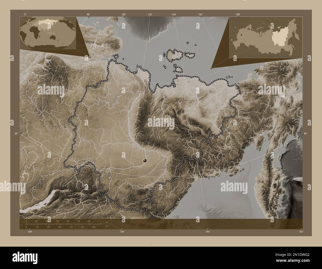 Sakha, republic of Russia. Elevation map colored in sepia tones with ...