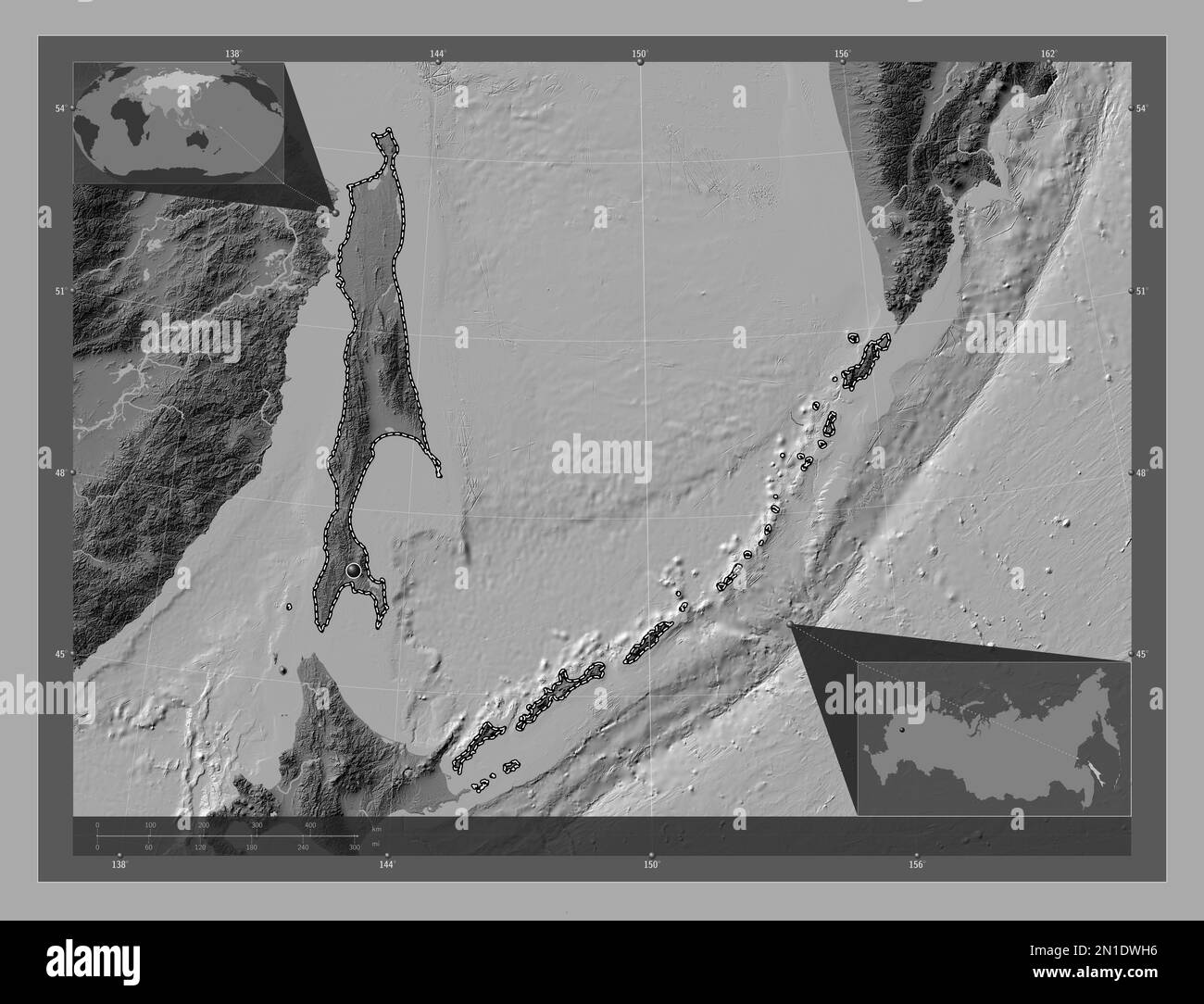 Sakhalin, region of Russia. Bilevel elevation map with lakes and rivers ...