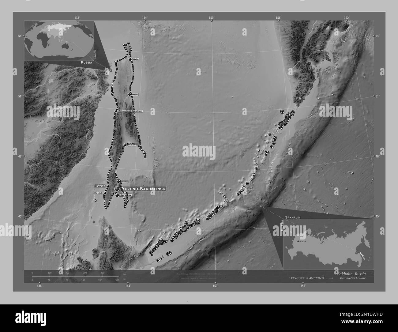 Sakhalin, region of Russia. Grayscale elevation map with lakes and ...