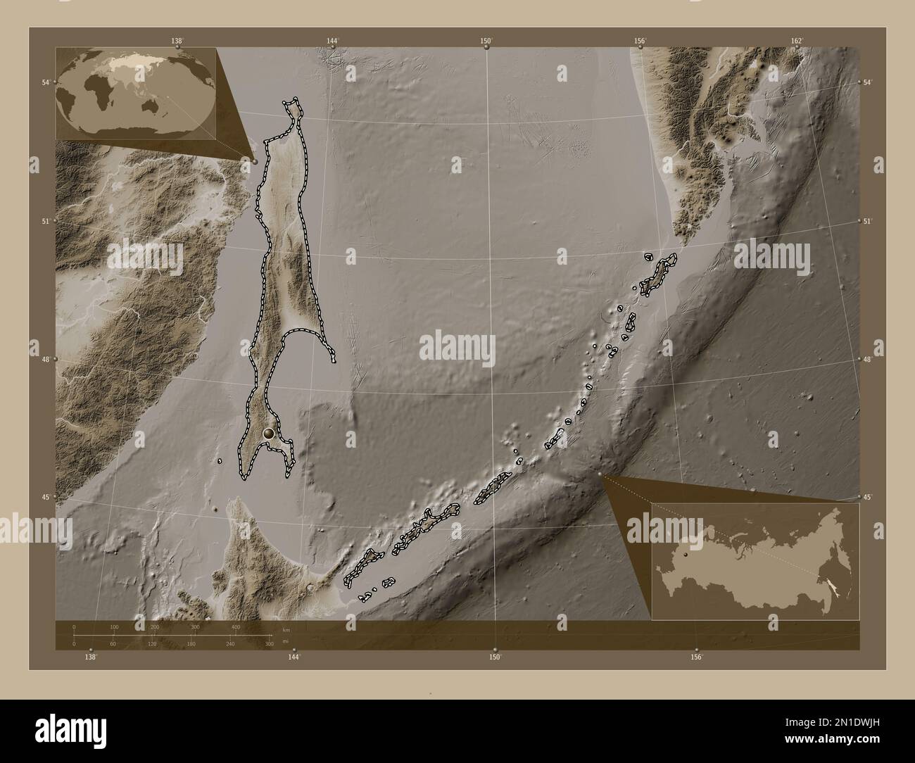 Sakhalin, region of Russia. Elevation map colored in sepia tones with ...