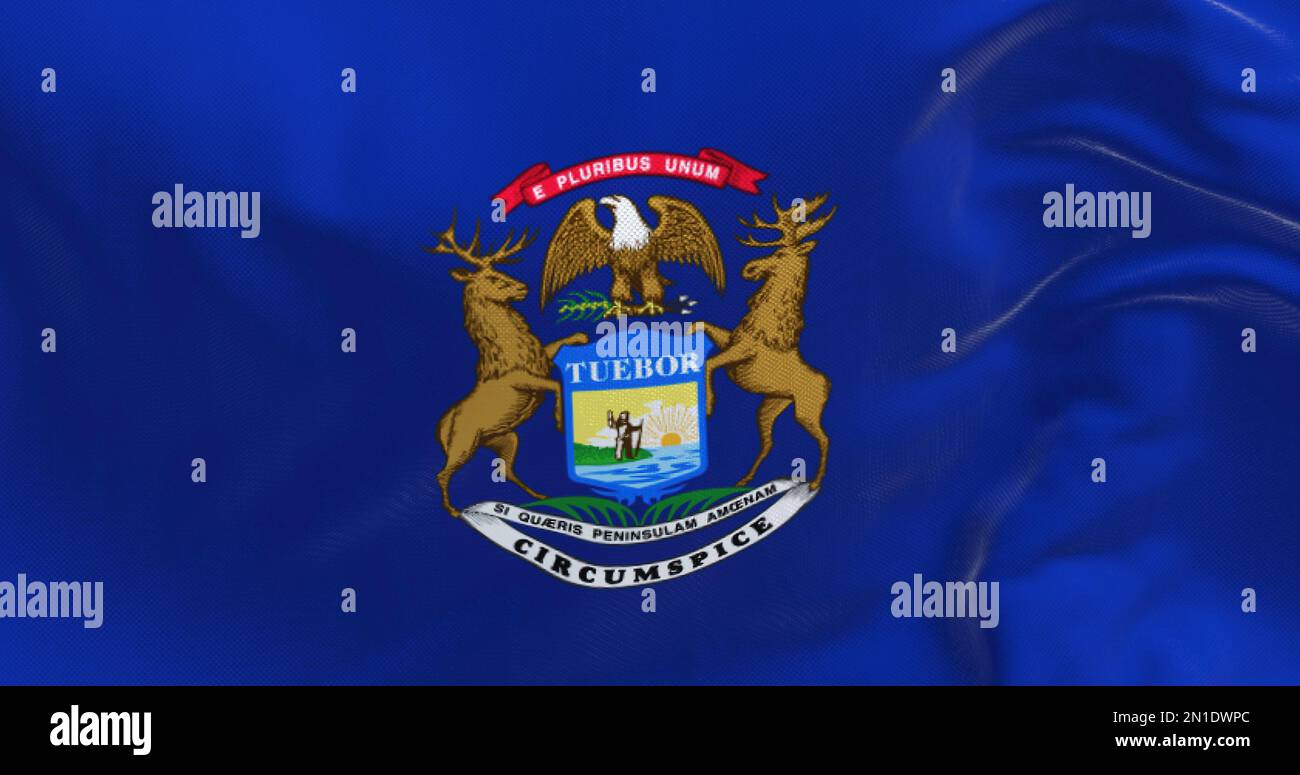 Close up view of the Michigan state flag waving. Michigan Michigan is a ...