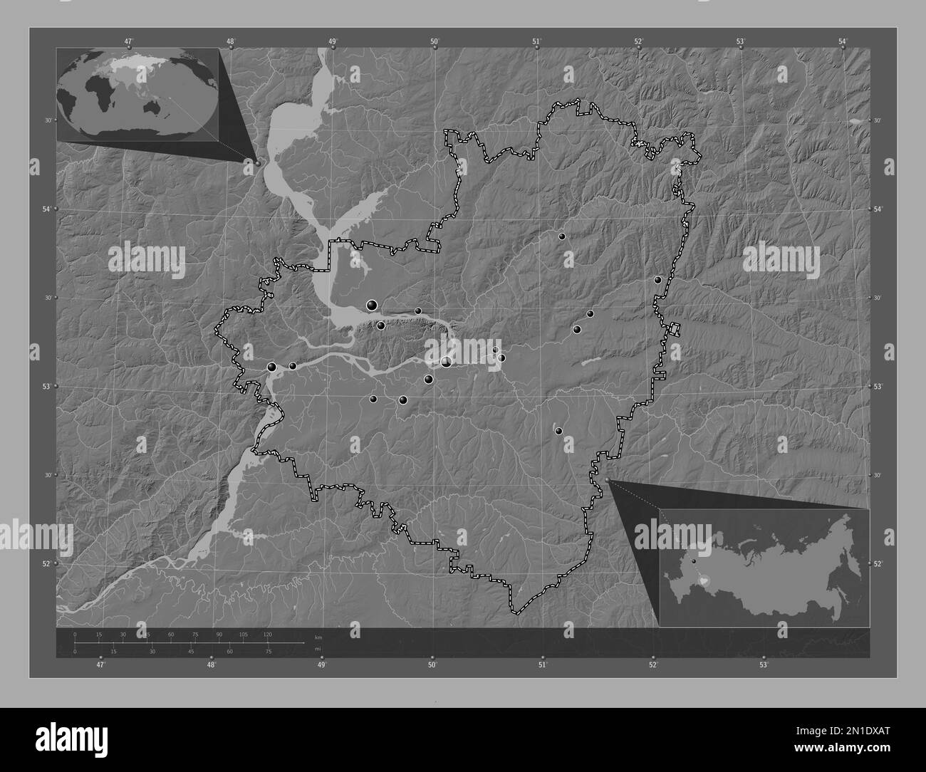 Samara, region of Russia. Bilevel elevation map with lakes and rivers ...