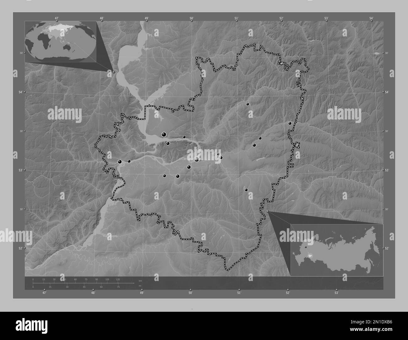 Samara, region of Russia. Grayscale elevation map with lakes and rivers ...