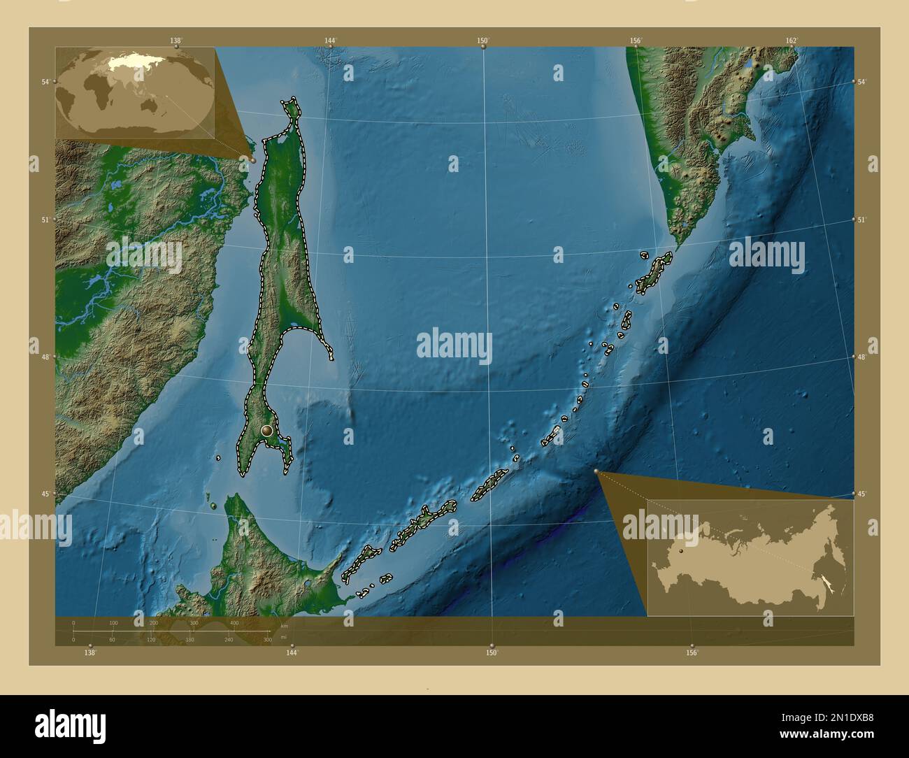 Sakhalin, region of Russia. Colored elevation map with lakes and rivers ...