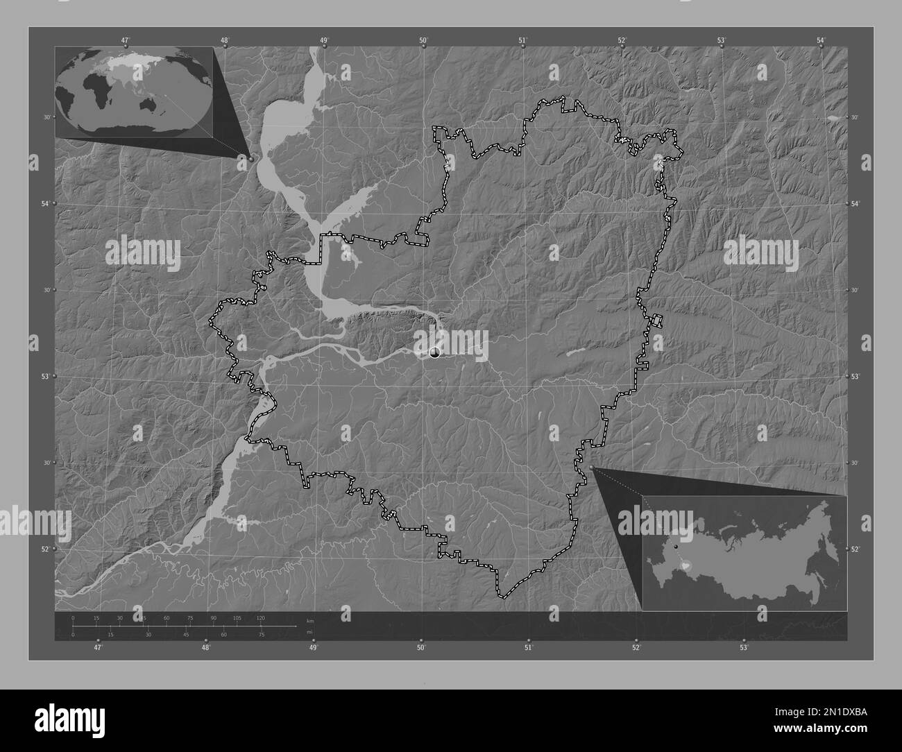 Samara, region of Russia. Bilevel elevation map with lakes and rivers ...