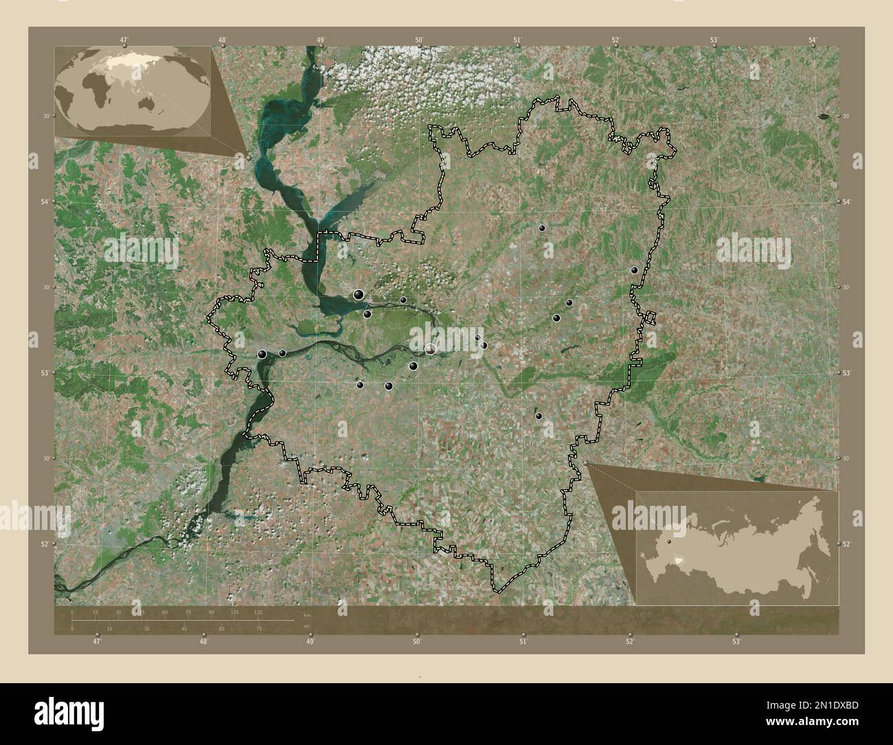 Samara, region of Russia. High resolution satellite map. Locations of ...