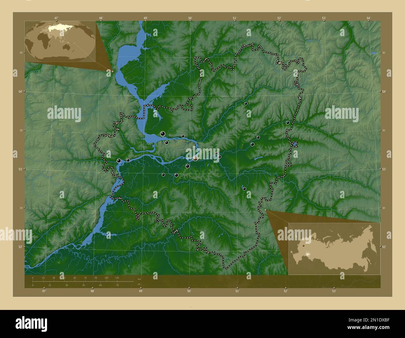 Samara, region of Russia. Colored elevation map with lakes and rivers ...