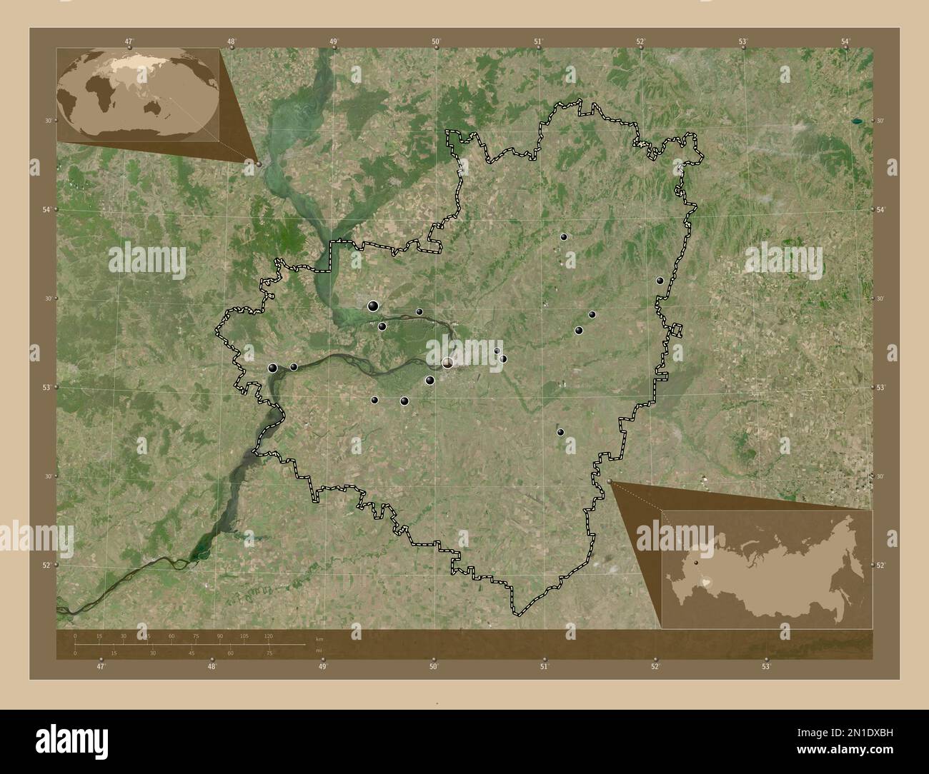 Samara, region of Russia. Low resolution satellite map. Locations of ...