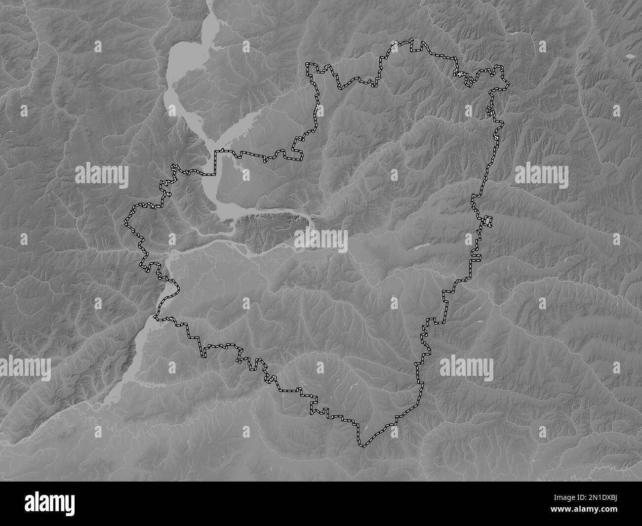 Samara, region of Russia. Grayscale elevation map with lakes and rivers ...