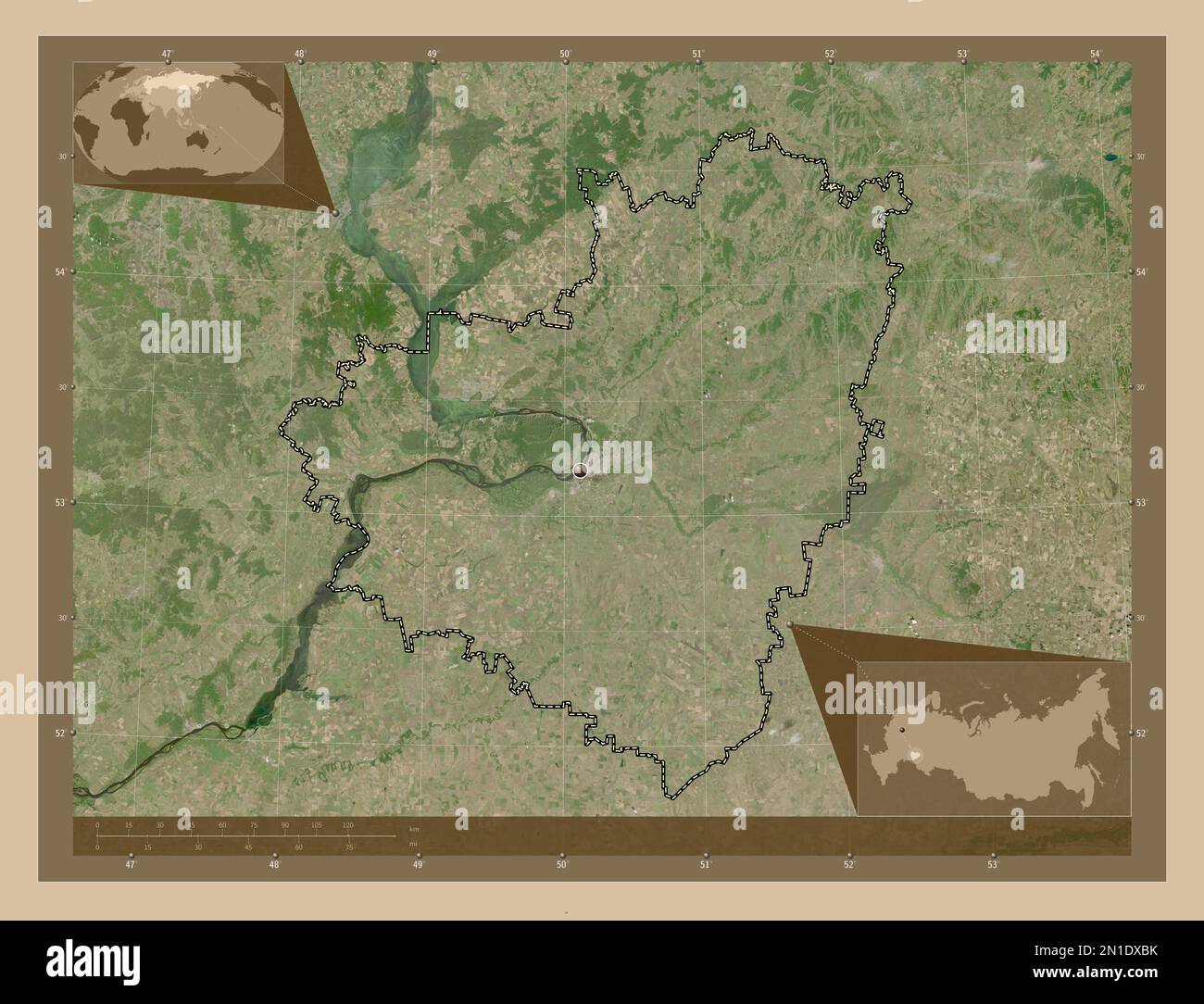 Samara, region of Russia. Low resolution satellite map. Corner ...