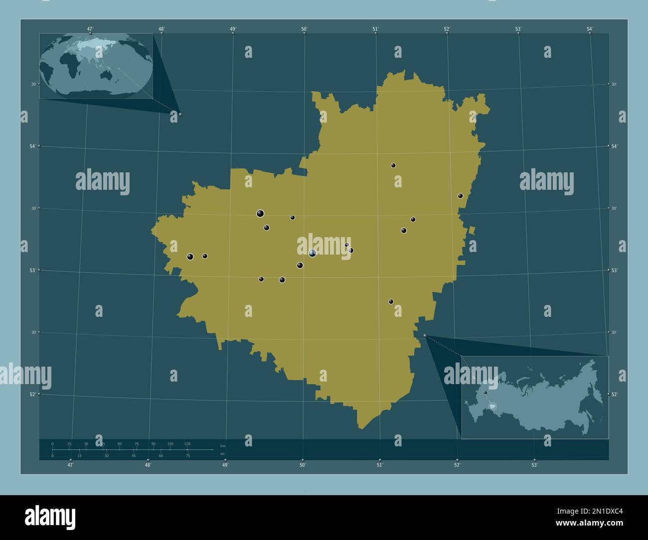 Samara, region of Russia. Solid color shape. Locations of major cities ...