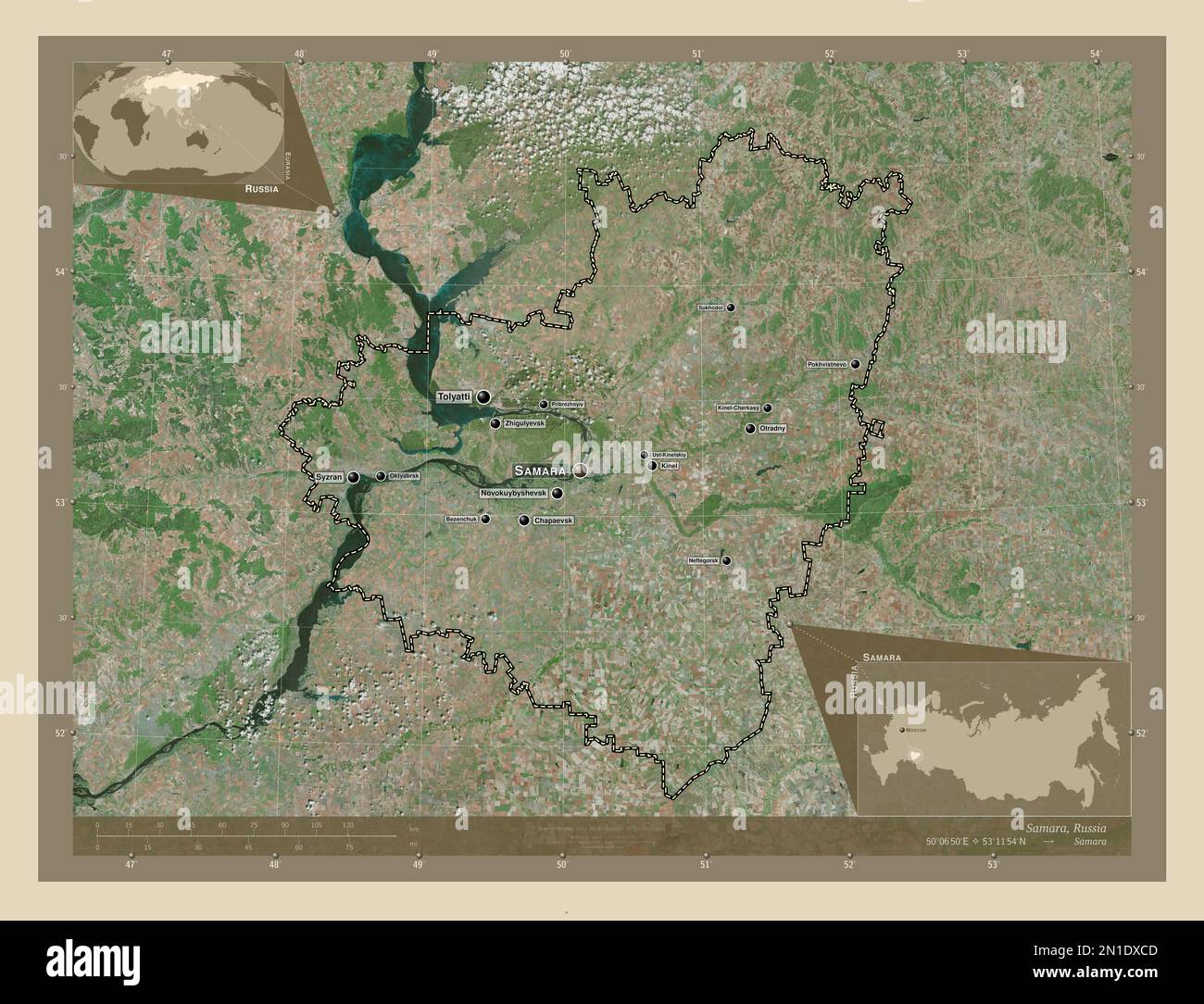 Samara, region of Russia. High resolution satellite map. Locations and ...