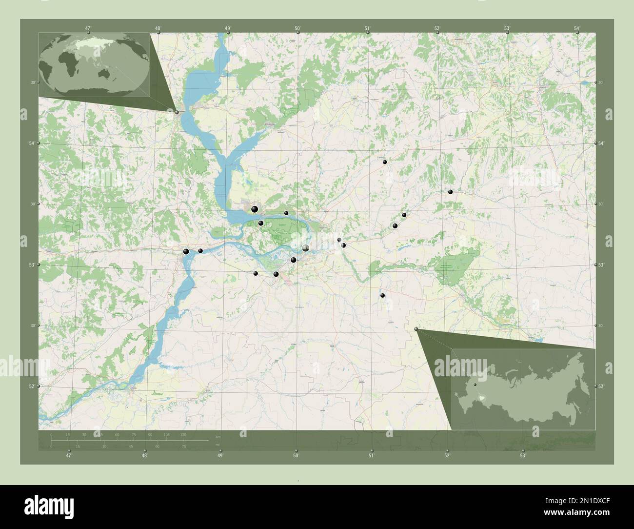 Samara, region of Russia. Open Street Map. Locations of major cities of ...