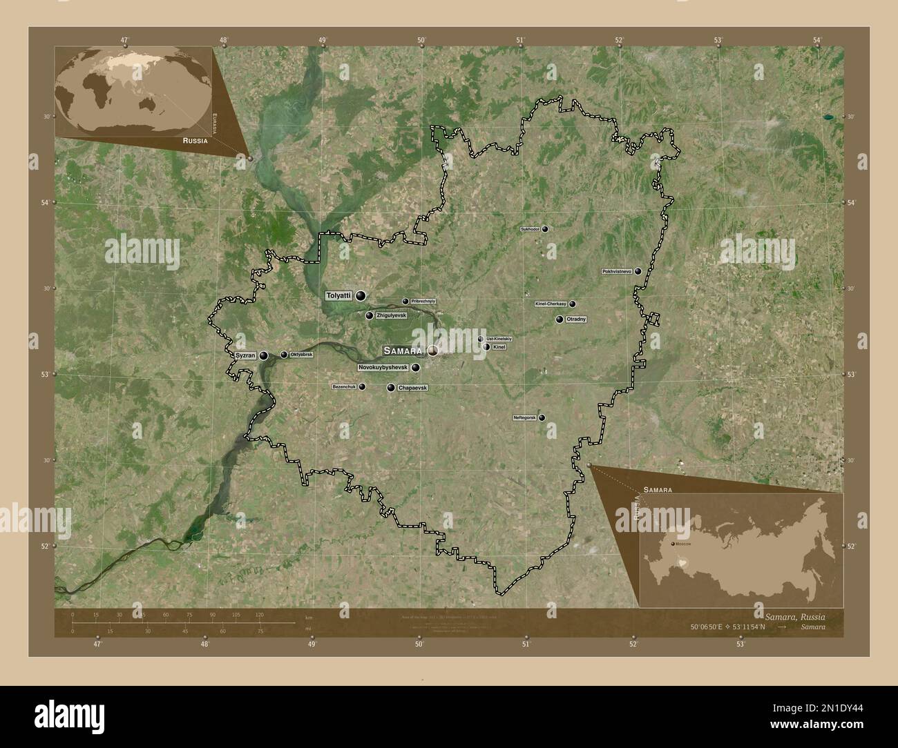 Samara, region of Russia. Low resolution satellite map. Locations and ...
