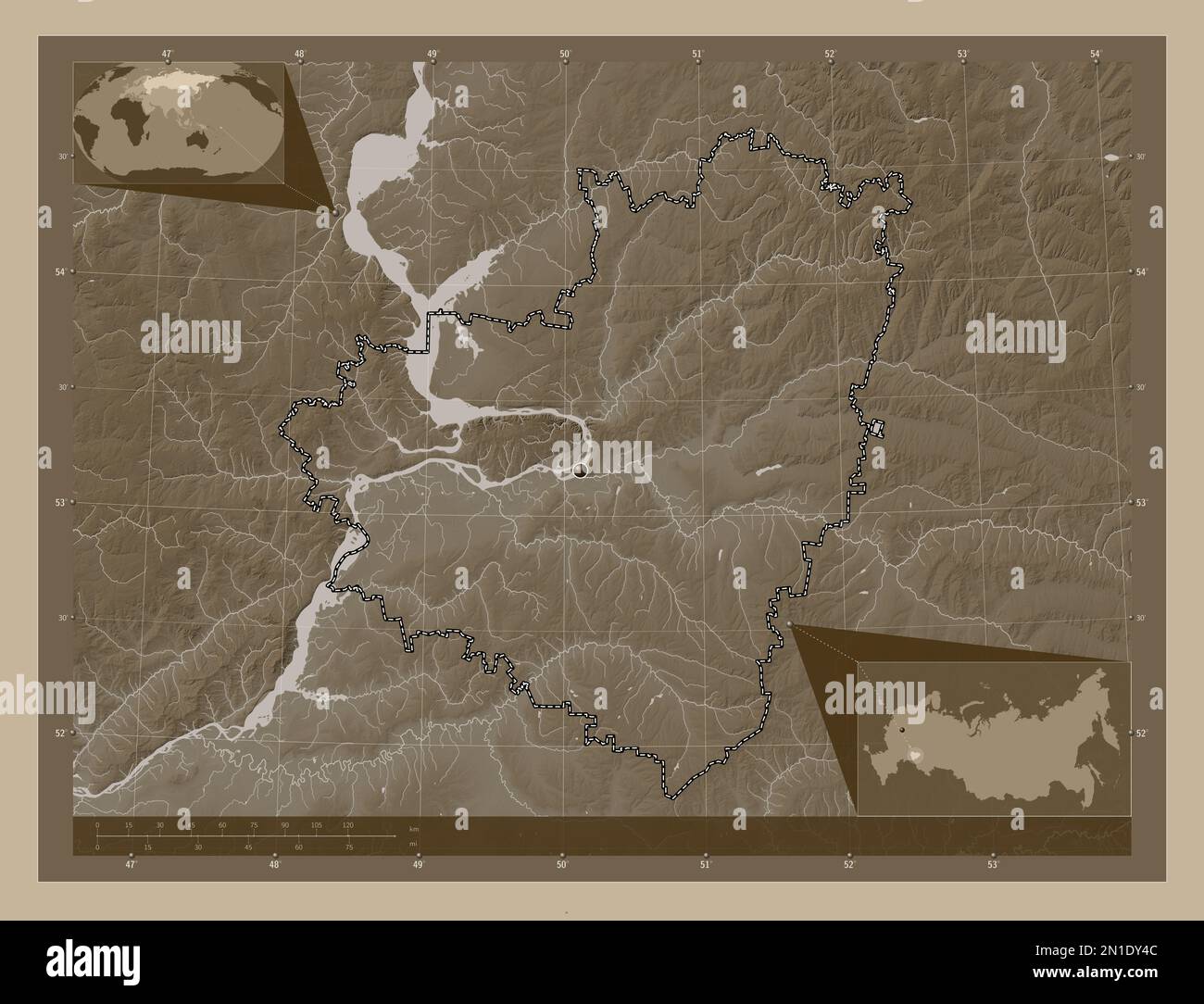 Samara, region of Russia. Elevation map colored in sepia tones with ...