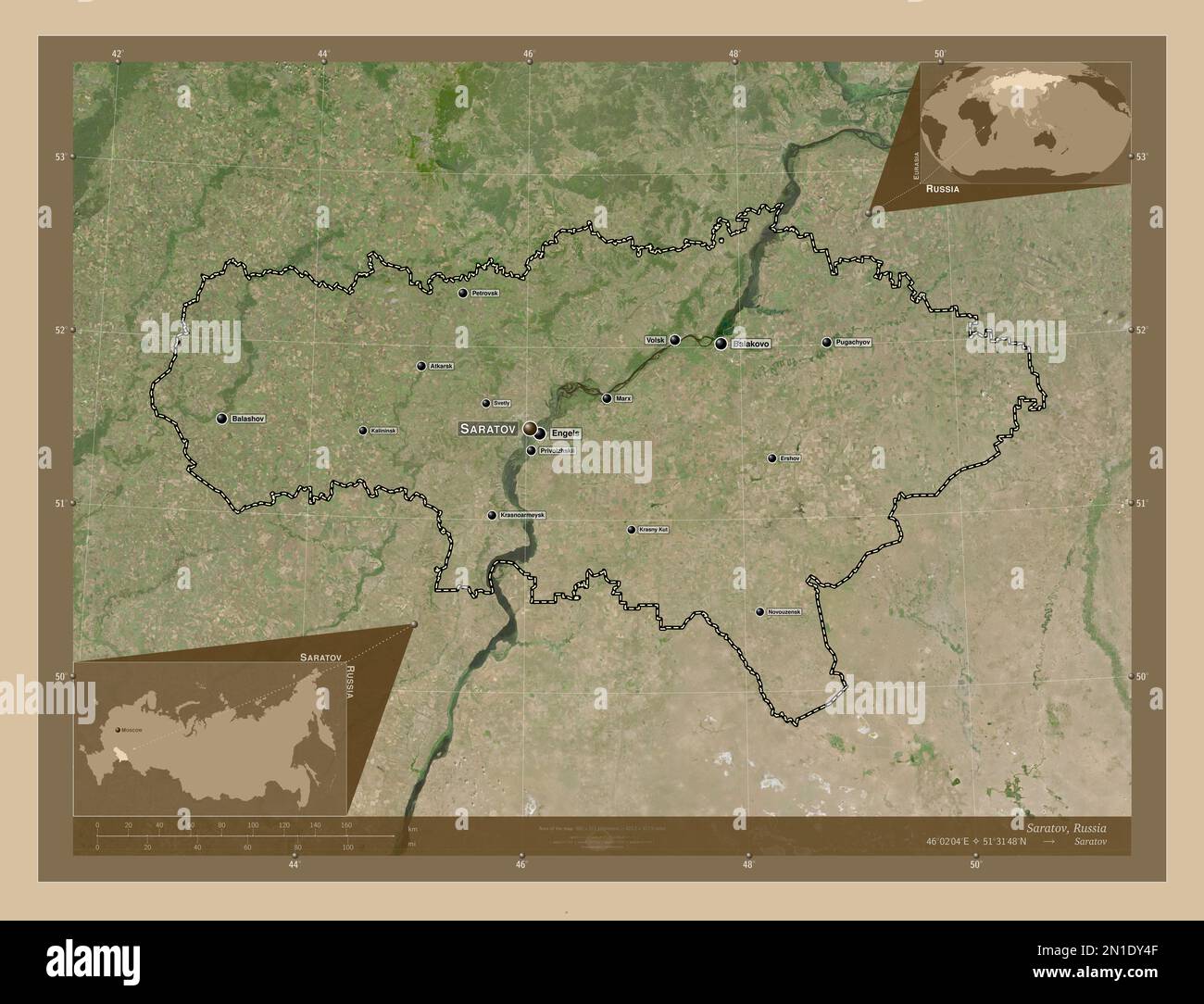Saratov, region of Russia. Low resolution satellite map. Locations and ...