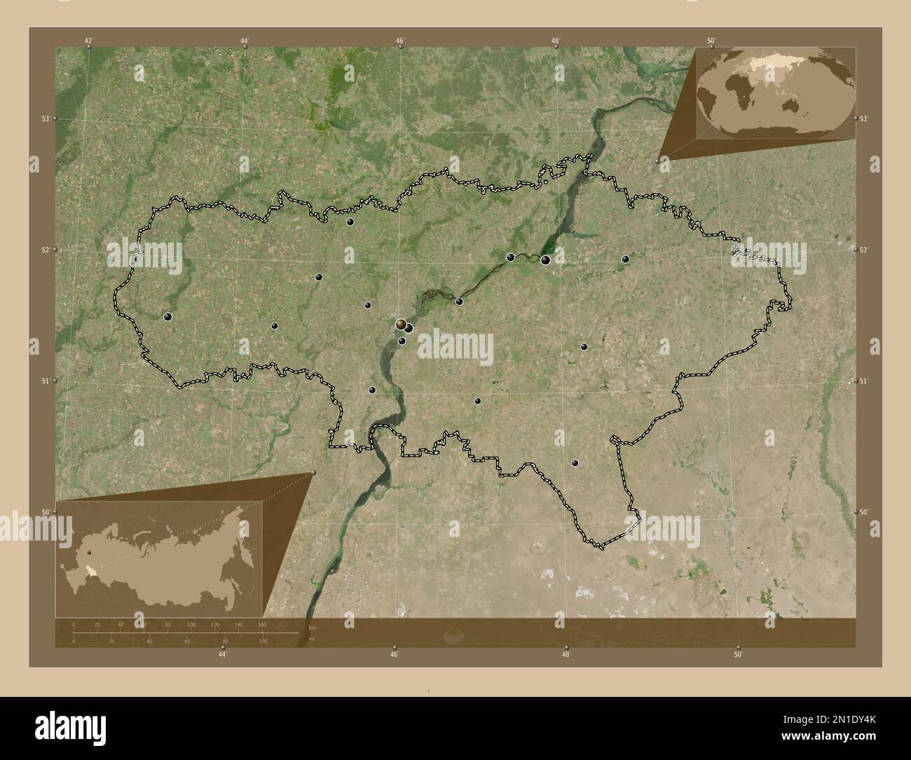 Saratov, region of Russia. Low resolution satellite map. Locations of ...