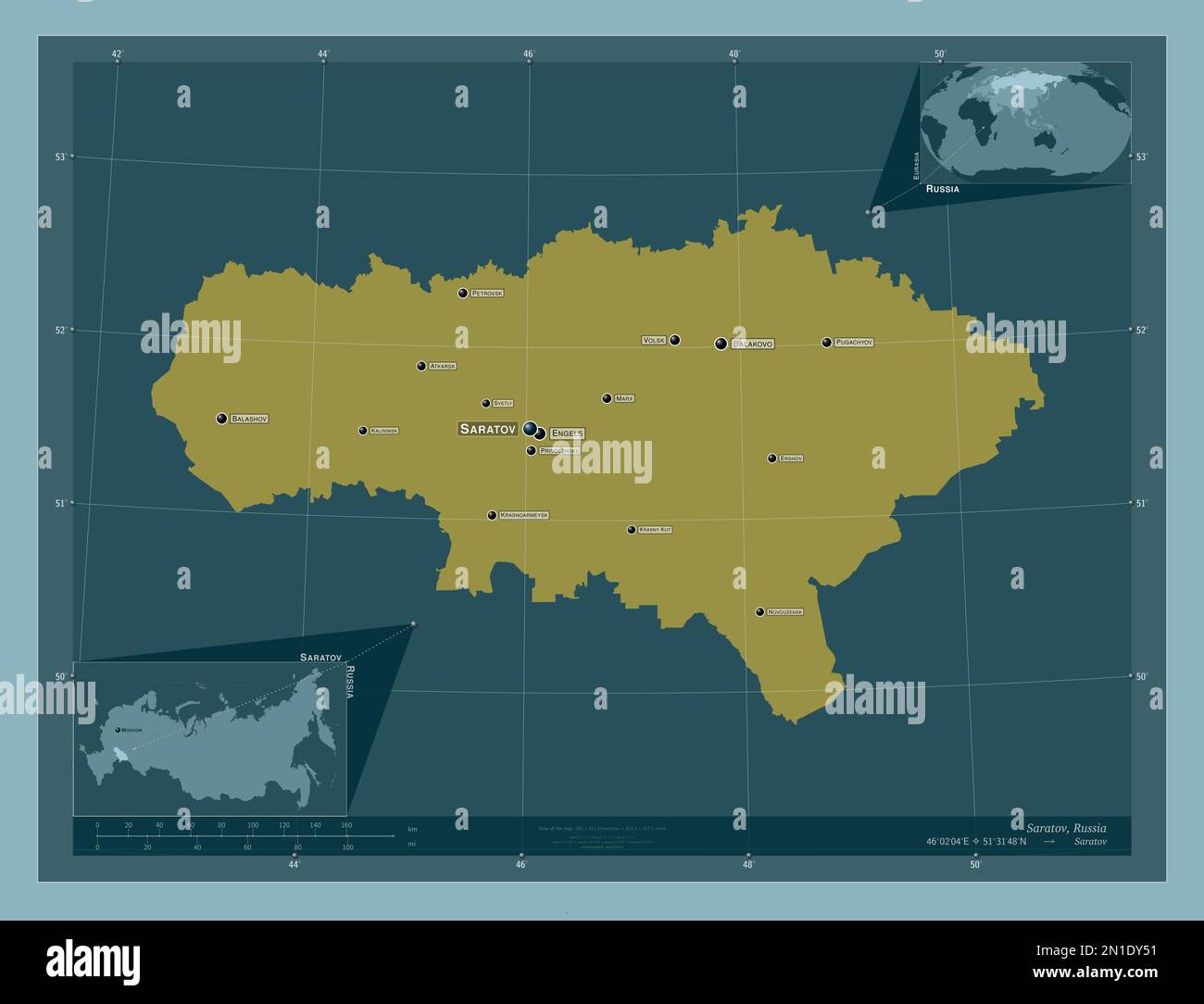 Saratov, region of Russia. Solid color shape. Locations and names of ...