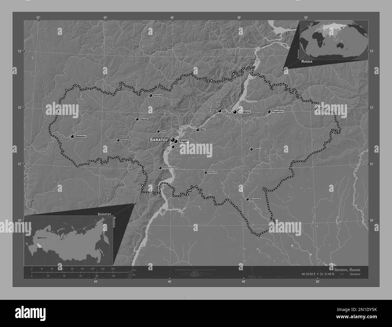Saratov, region of Russia. Bilevel elevation map with lakes and rivers ...