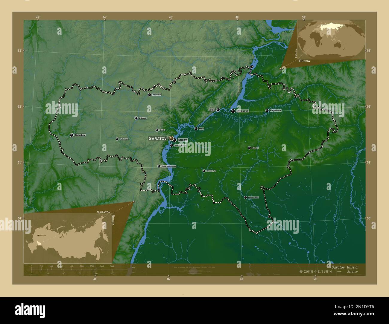 Saratov, region of Russia. Colored elevation map with lakes and rivers ...
