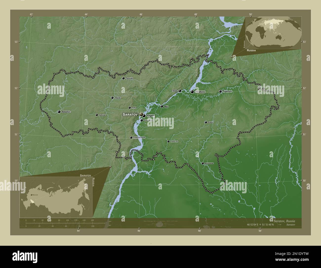 Saratov, region of Russia. Elevation map colored in wiki style with ...
