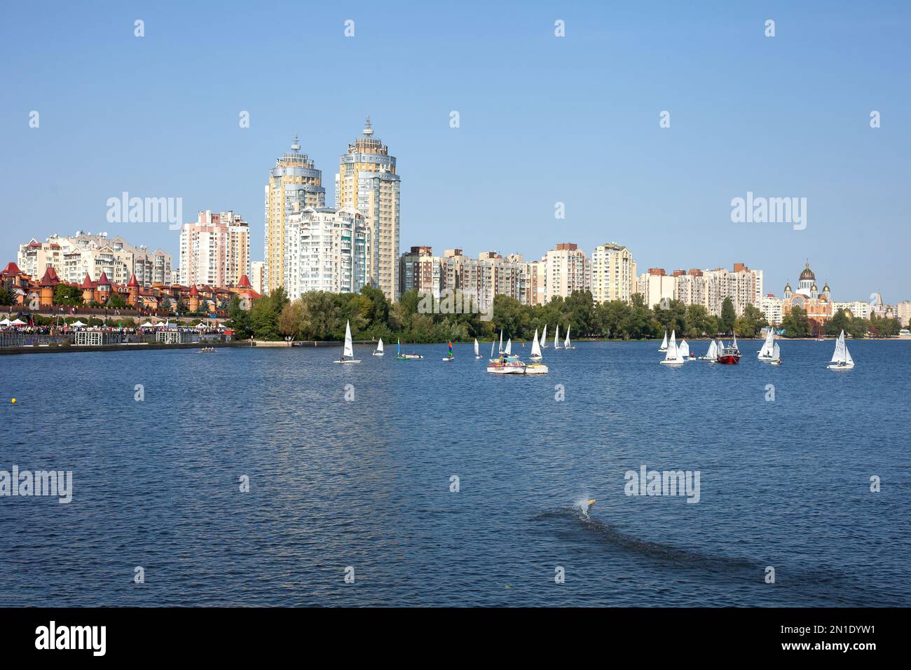 Embankment of the Dnieper River in Kyiv. Obolon area. Multi-storey ...
