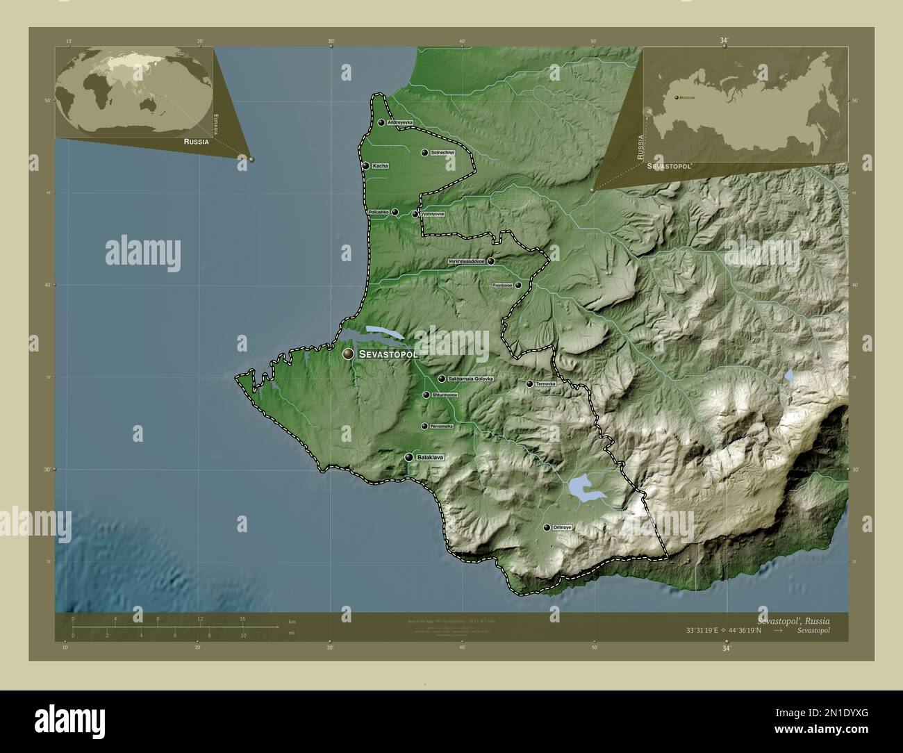 Sevastopol', autonomous republic of Russia. Elevation map colored in ...