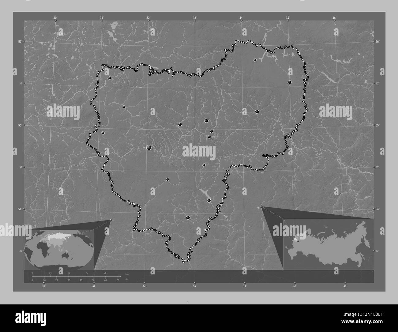 Smolensk, region of Russia. Grayscale elevation map with lakes and ...