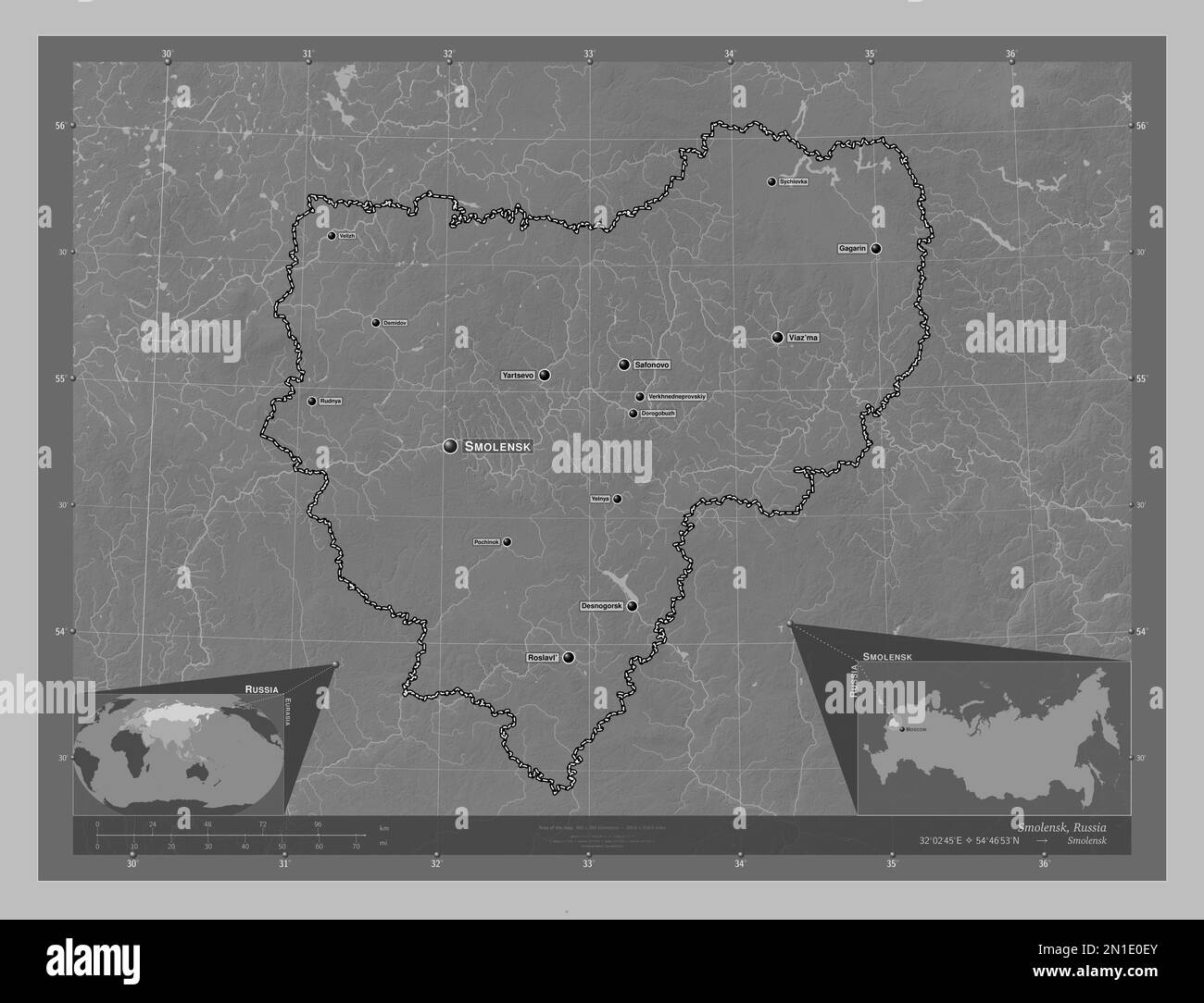 Smolensk, region of Russia. Grayscale elevation map with lakes and ...